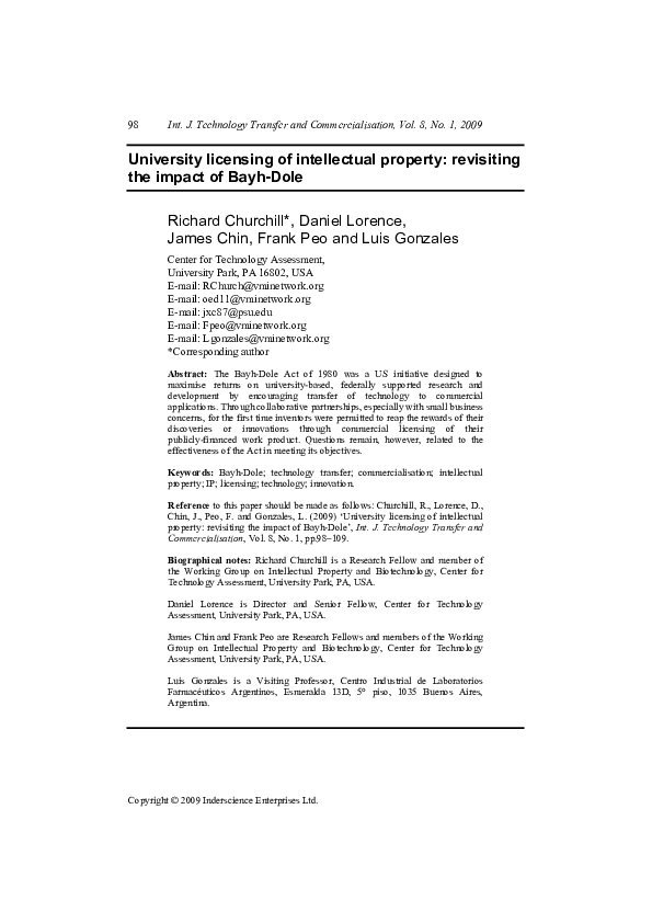 (PDF) University licensing of intellectual property: revisiting the ...