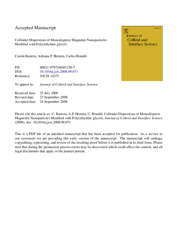 (PDF) Colloidal dispersions of monodisperse magnetite nanoparticles ...