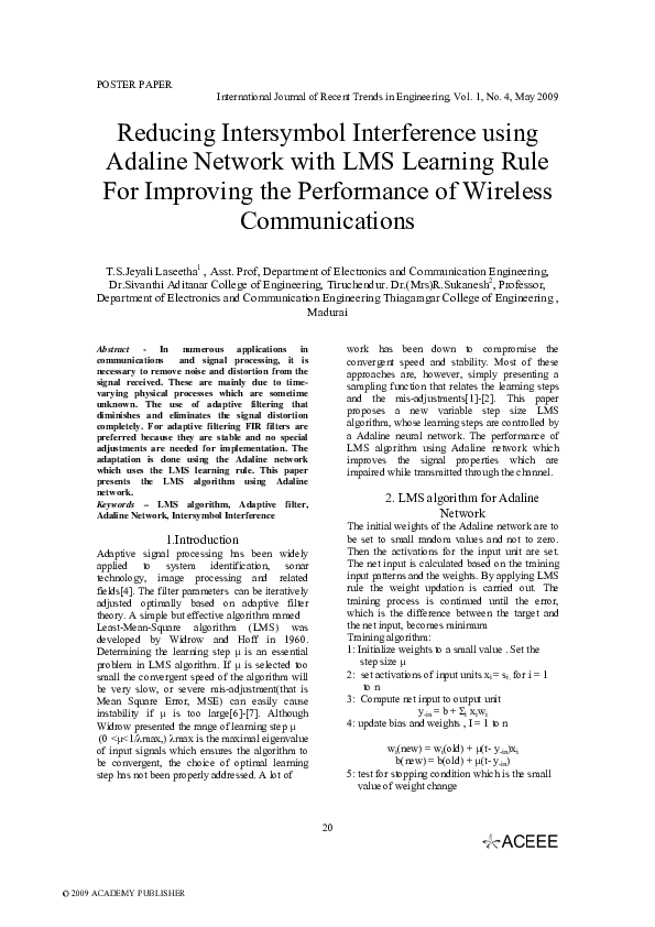 (PDF) Reducing Intersymbol Interference using Adaline Network with LMS Learning Rule For ...