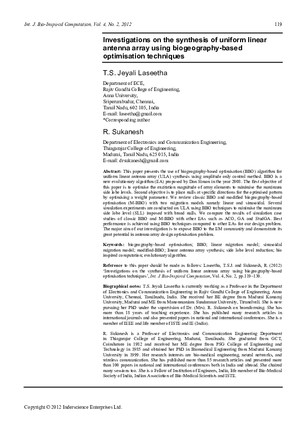 Pdf Investigations On The Synthesis Of Uniform Linear Antenna Array Using Biogeography Based 8640