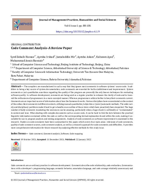 (PDF) Code Comment Analysis–A Review Paper