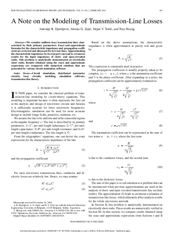 (PDF) A note on the modeling of transmission-line losses