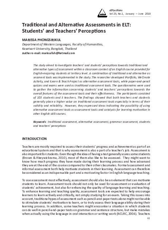 (PDF) Traditional and Alternative Assessments in ELT: Students' and ...