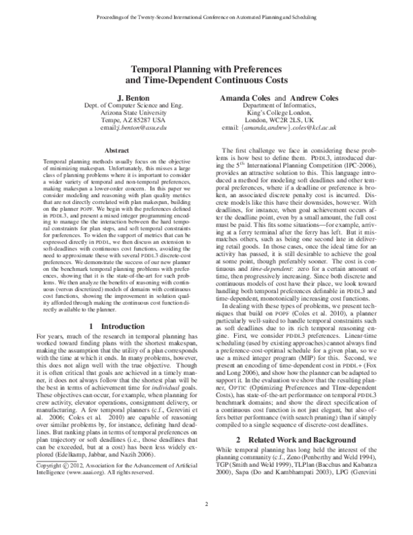 (PDF) Temporal Planning with Preferences and Time-Dependent Continuous Costs