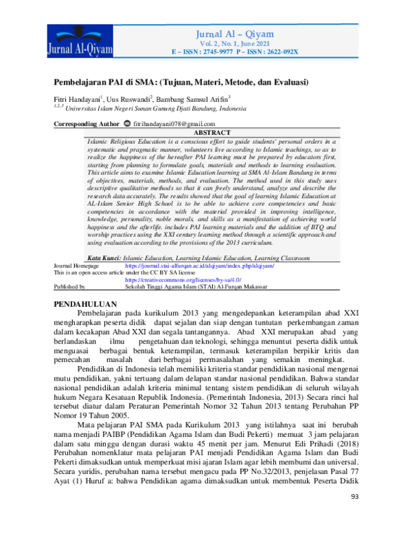 (PDF) Pembelajaran PAI di SMA: (Tujuan, Materi, Metode, dan Evaluasi ...