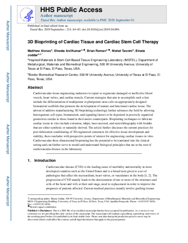 (PDF) 3D Bioprinting of cardiac tissue and cardiac stem cell therapy