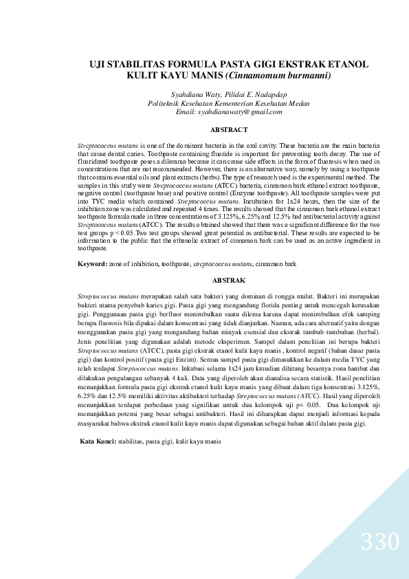 (PDF) UJI STABILITAS FORMULA PASTA GIGI EKSTRAK ETANOL KULIT KAYU MANIS (Cinnamomum burmanni)