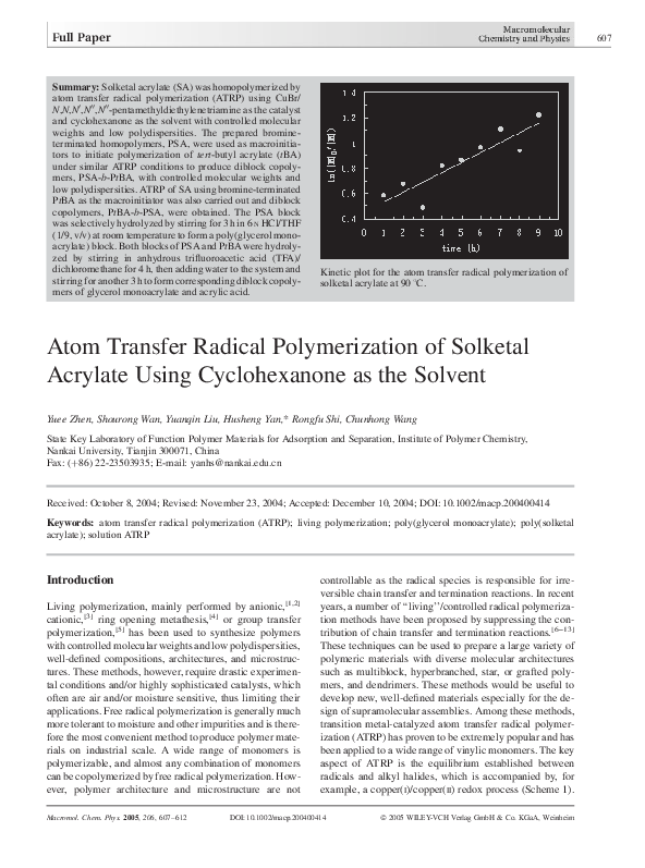 (PDF) Atom Transfer Radical Polymerization of Solketal Acrylate Using Cyclohexanone as the Solvent