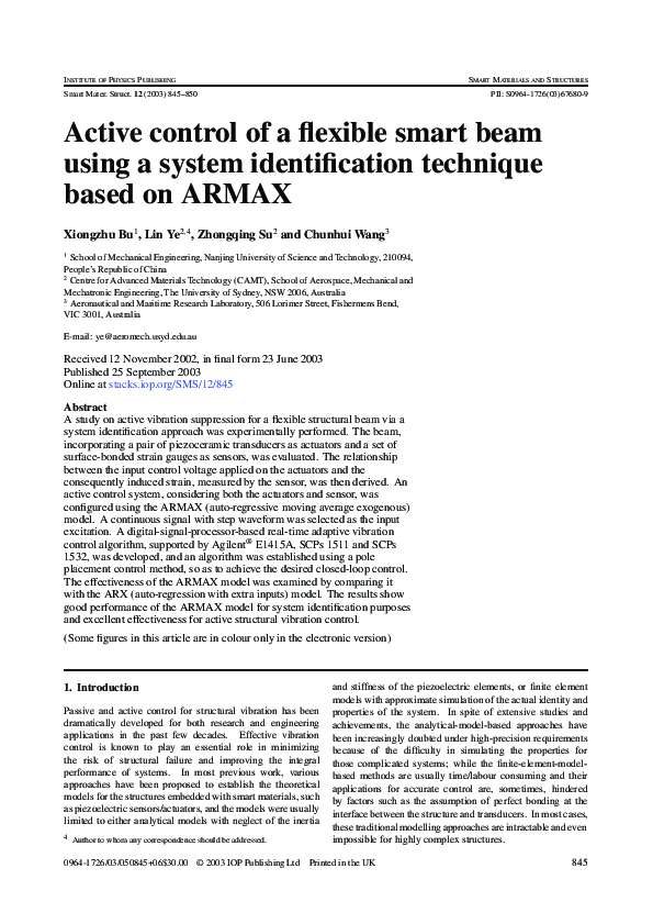 (PDF) Active control of a flexible smart beam using a system identification technique based on ARMAX