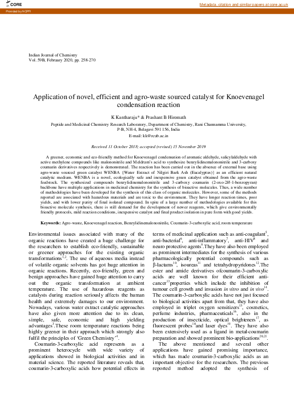 (PDF) Application of novel, efficient and agro-waste sourced catalyst for Knoevenagel ...