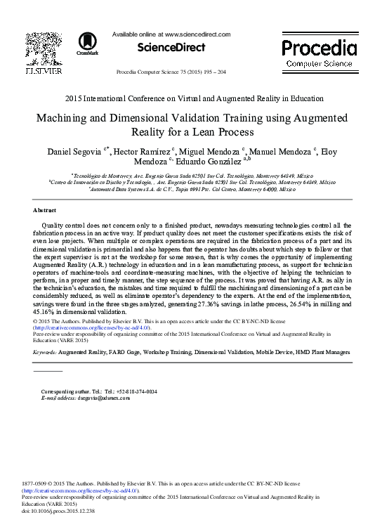 (PDF) Machining and Dimensional Validation Training Using Augmented Reality for a Lean Process