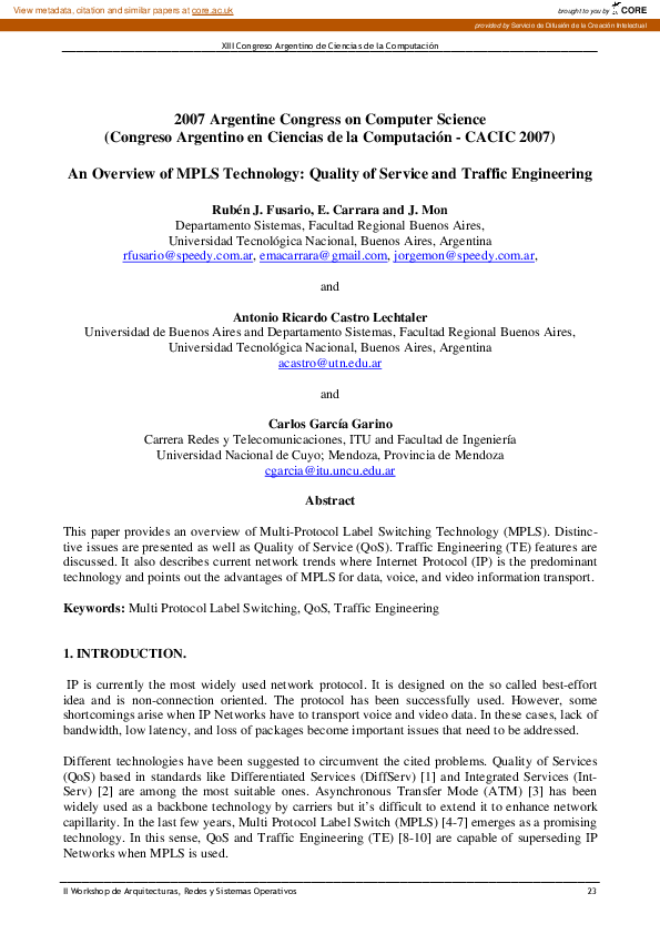 (PDF) An Overview of MPLS Technology: Quality of Service and Traffic Engineering | Carlos Garcia ...