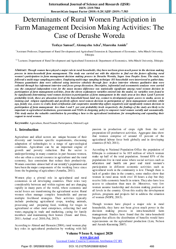 (PDF) Determinants of Rural Women Participation in Farm Management ...