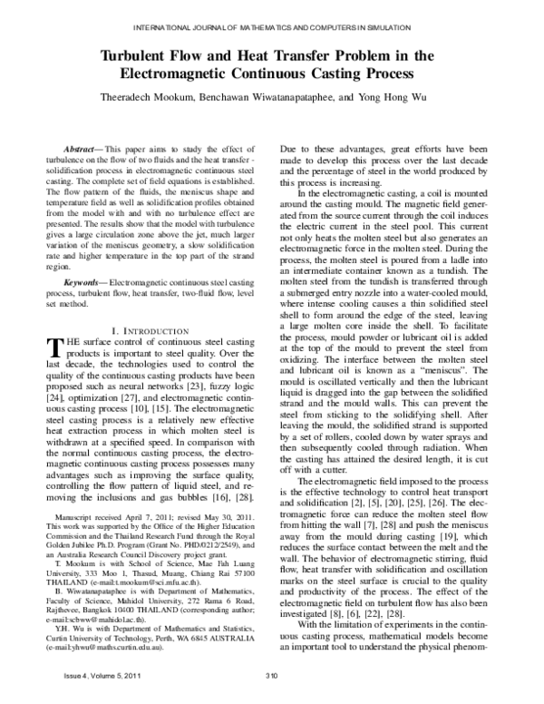 Pdf Turbulent Flow And Heat Transfer Problem In The Electromagnetic Continuous Casting Process