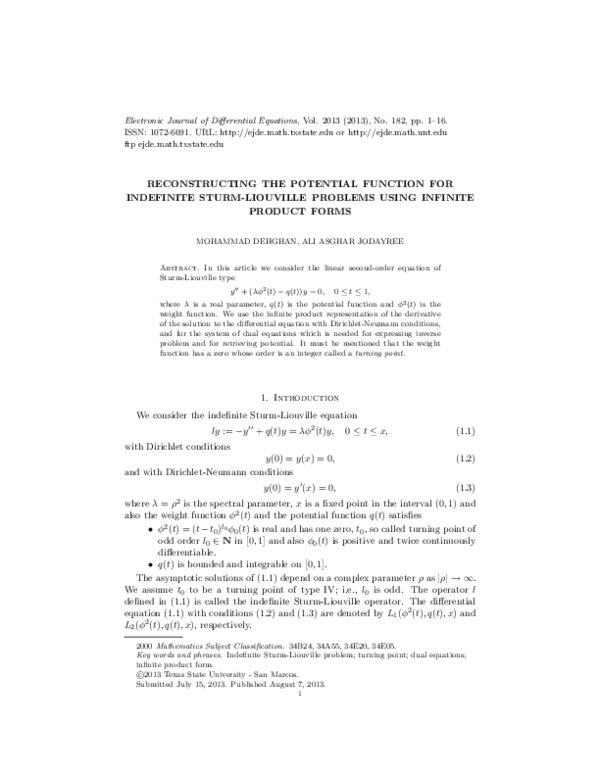 (PDF) Reconstructing the Potential Function for Indefinite Sturm-Liouville Problems Using ...