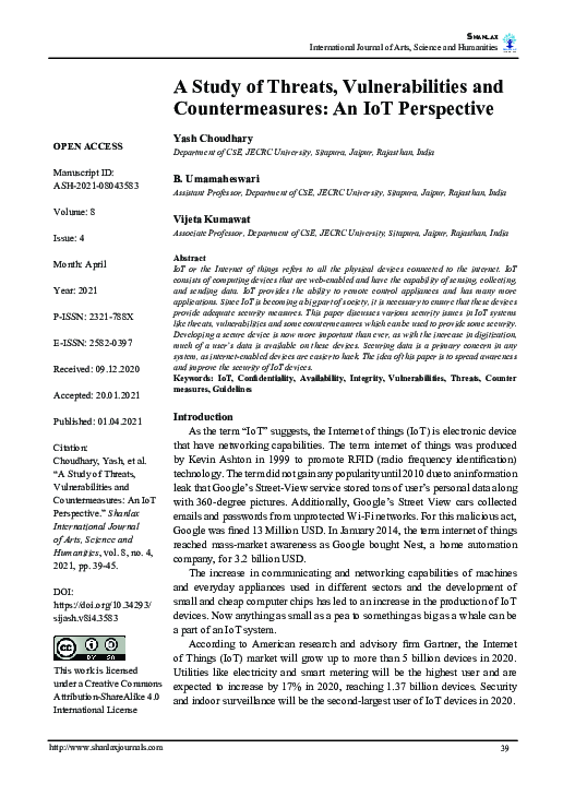 (PDF) A Study of Threats, Vulnerabilities and Countermeasures: An IoT Perspective
