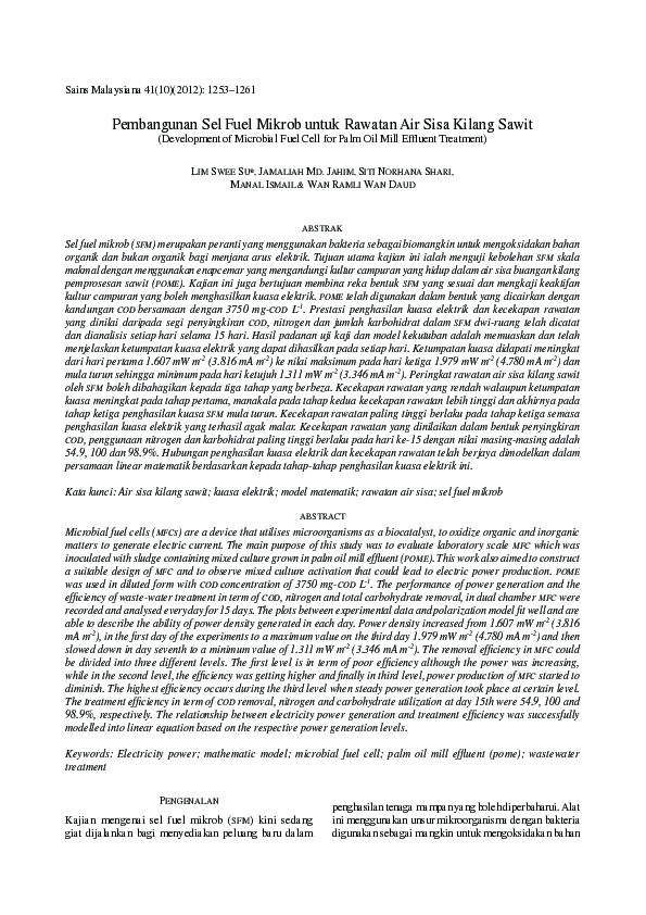 (PDF) Pembangunan sel fuel mikrob untuk rawatan air sisa kilang sawit (Development of microbial ...