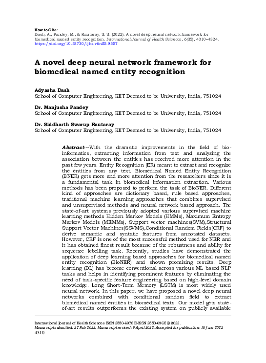Pdf Novel Deep Neural Network Framework For Biomedical Named Entity Recognition Adyasha Dash