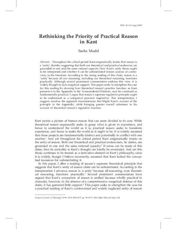(PDF) Priority of Practical Reason in Kant