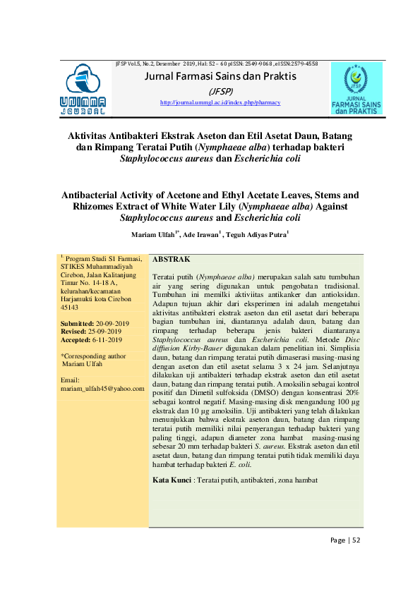 (PDF) Antibacterial Activity of Acetone and Ethyl Acetate Leaves, Stems and Rhizomes Extract of ...