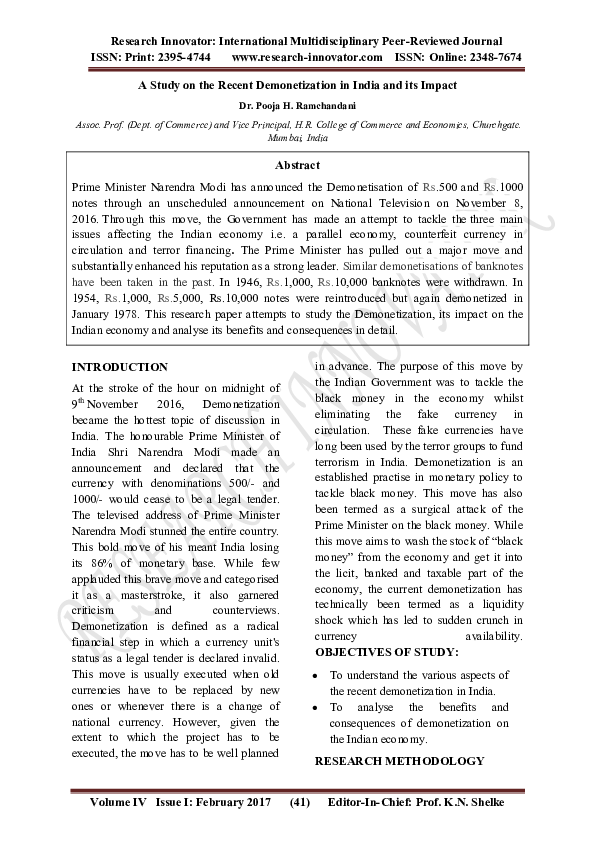 (PDF) A Study on the Recent Demonetization in India and its Impact