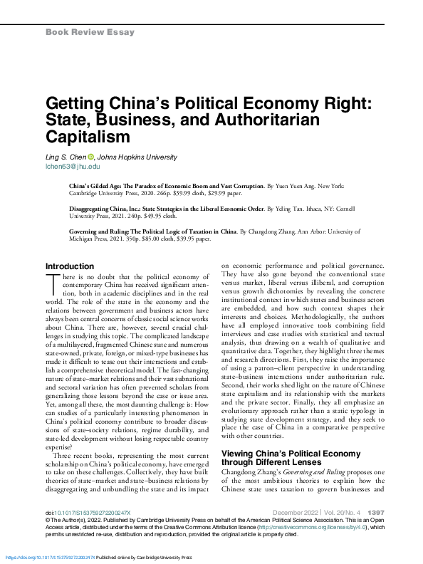 (PDF) Getting China's Political Economy Right: State, Business, and ...