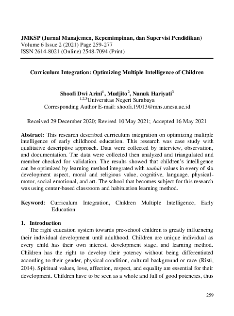 (PDF) Curriculum Integration: Optimizing Multiple Intelligence of Children
