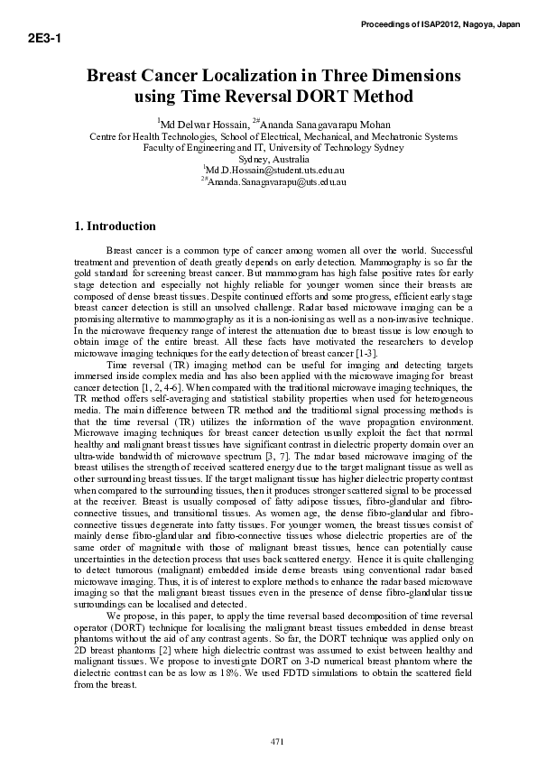 Pdf Breast Cancer Localization In Three Dimensions Using Time