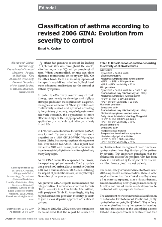 (PDF) Classification of asthma according to revised 2006 GINA ...
