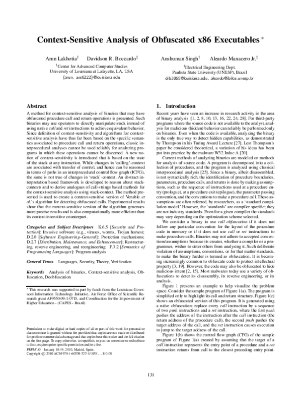 (PDF) Context-sensitive analysis of obfuscated x86 executables