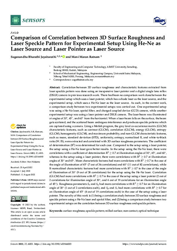 (PDF) Comparison of Correlation between 3D Surface Roughness and Laser Speckle Pattern for ...