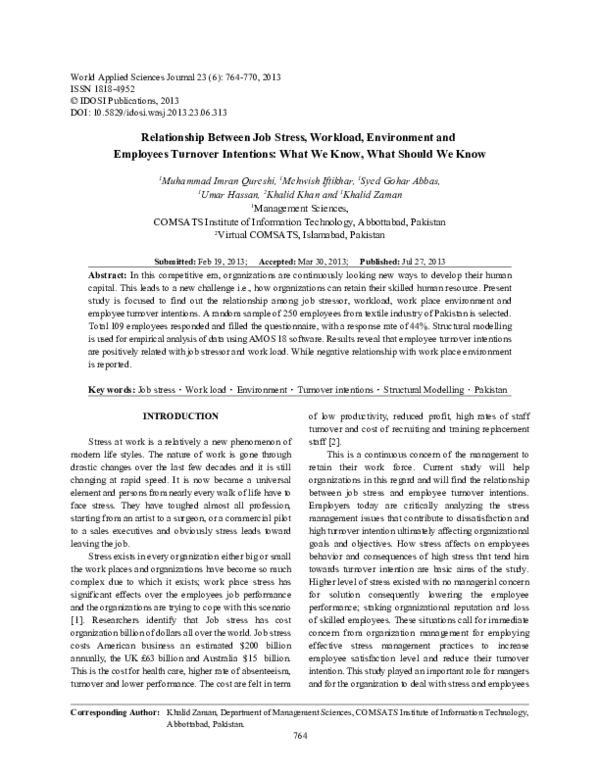 (PDF) Relationship Between Job Stress, Workload, Environment and Employees Turnover Intentions ...