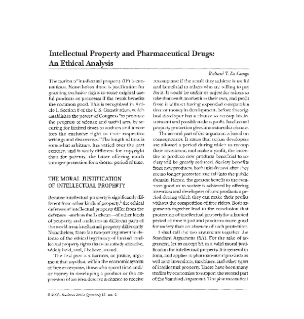 (PDF) Intellectual Property and Pharmaceutical Drugs: An Ethical Analysis