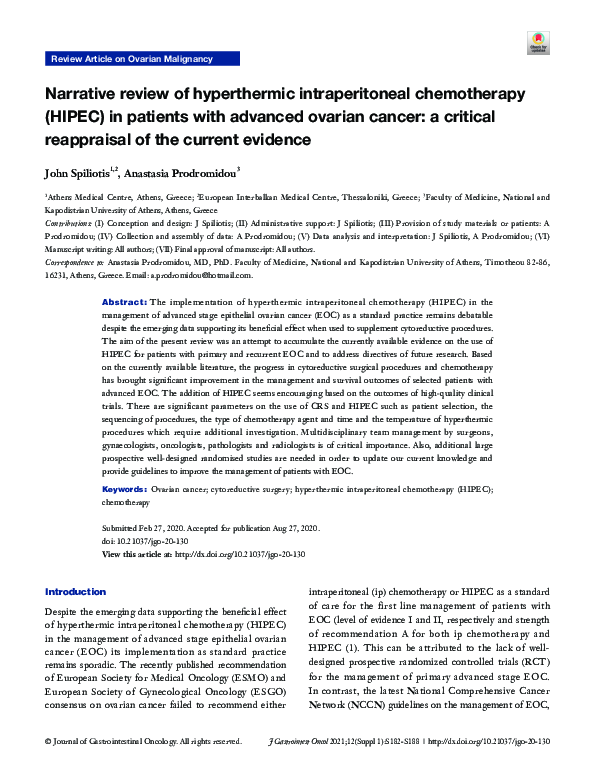 (PDF) Narrative review of hyperthermic intraperitoneal chemotherapy ...