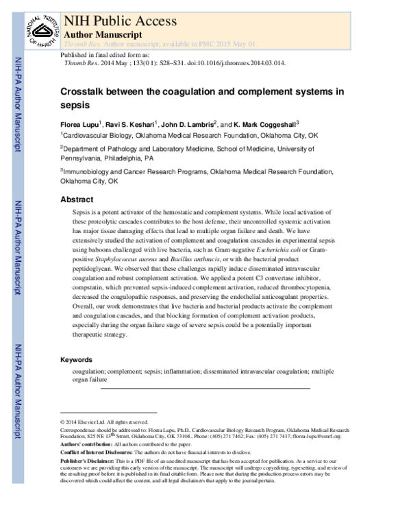 (PDF) Crosstalk between the coagulation and complement systems in sepsis (PDF) Crosstalk between the coagulation and complement systems in sepsis