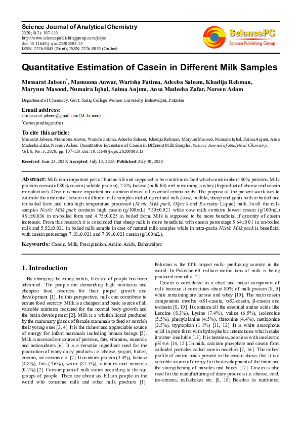 (PDF) Quantitative Estimation of Casein in Different Milk Samples