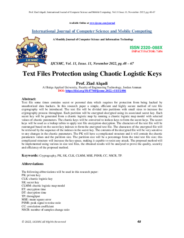 (PDF) Text Files Protection using Chaotic Logistic Keys