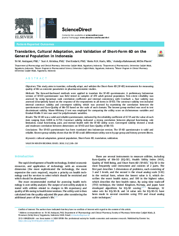 (PDF) Translation, Cultural Adaptation, and Validation of Short-Form 6D ...