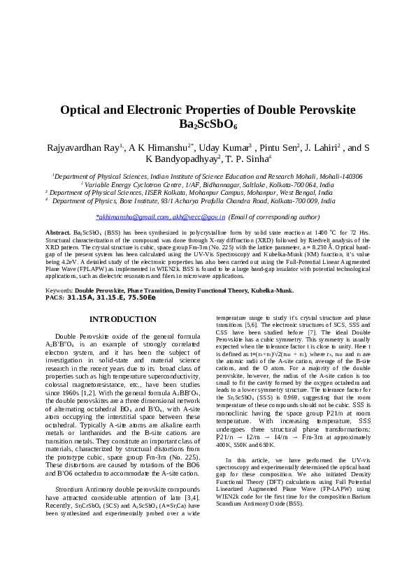(PDF) Optical and electronic properties of double perovskite Ba2ScSbO6