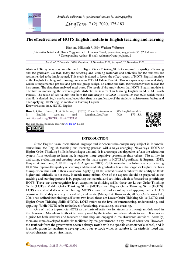 (PDF) The effectiveness of HOTS English module in English teaching and learning