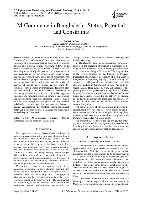 (PDF) M-Commerce in Bangladesh –Status, Potential and Constraints