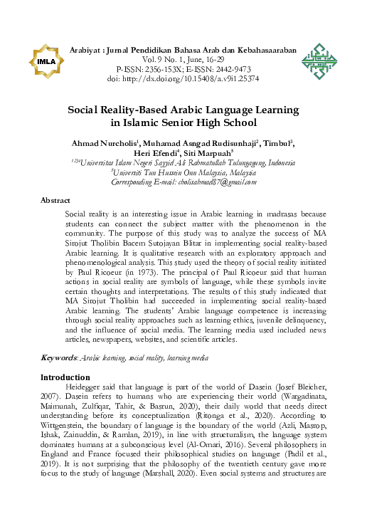 (PDF) Social Reality-Based Arabic Language Learning in Islamic Senior ...