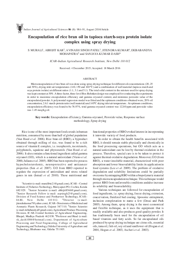 (PDF) Encapsulation of rice bran oil in tapioca starch-soya protein ...