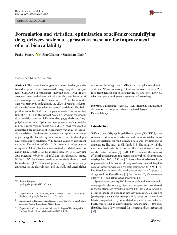 Pdf Formulation And Statistical Optimization Of Self Microemulsifying Drug Delivery System Of