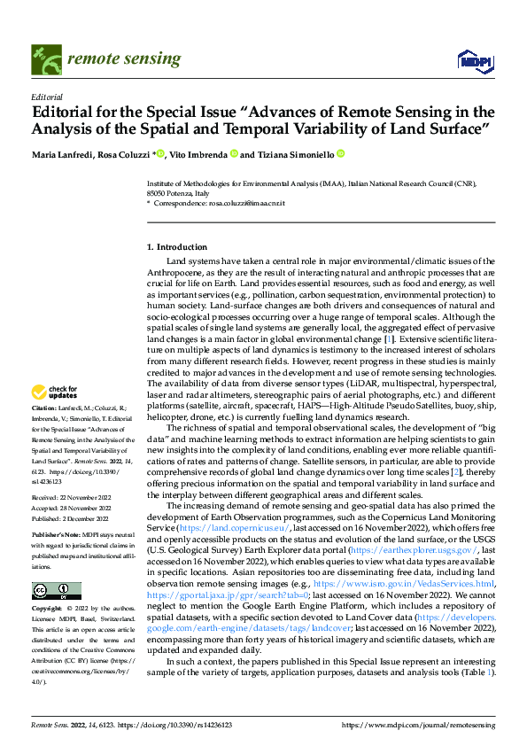Pdf Editorial For The Special Issue “advances Of Remote Sensing In The Analysis Of The Spatial