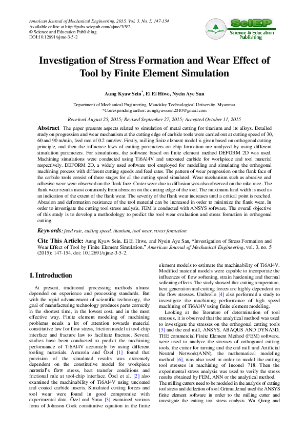Pdf Investigation Of Stress Formation And Wear Effect Of Tool By Finite Element Simulation