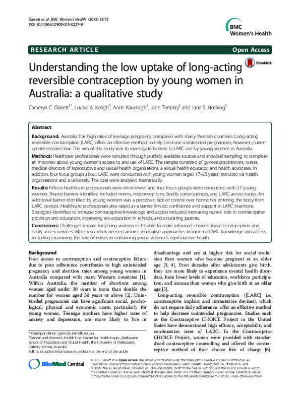 Pdf Understanding The Low Uptake Of Long Acting Reversible Contraception By Young Women In