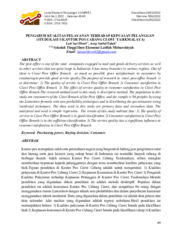 (PDF) Pengaruh Kualitas Pelayanan Terhadap Kepuasan Pelanggan (Studi Kasus Kantor Pos Cabang ...