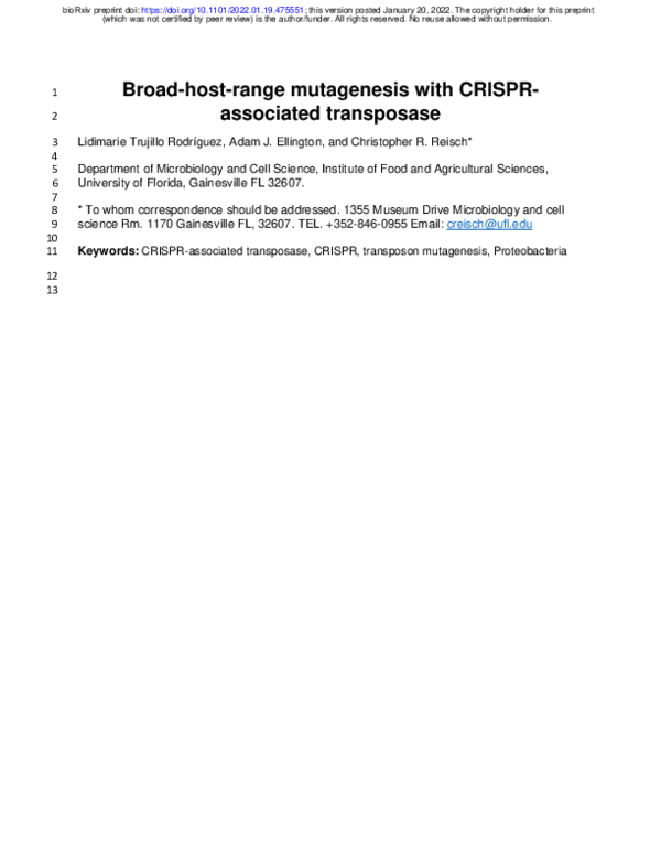 (PDF) Broad-host-range mutagenesis with CRISPR-associated transposase ...