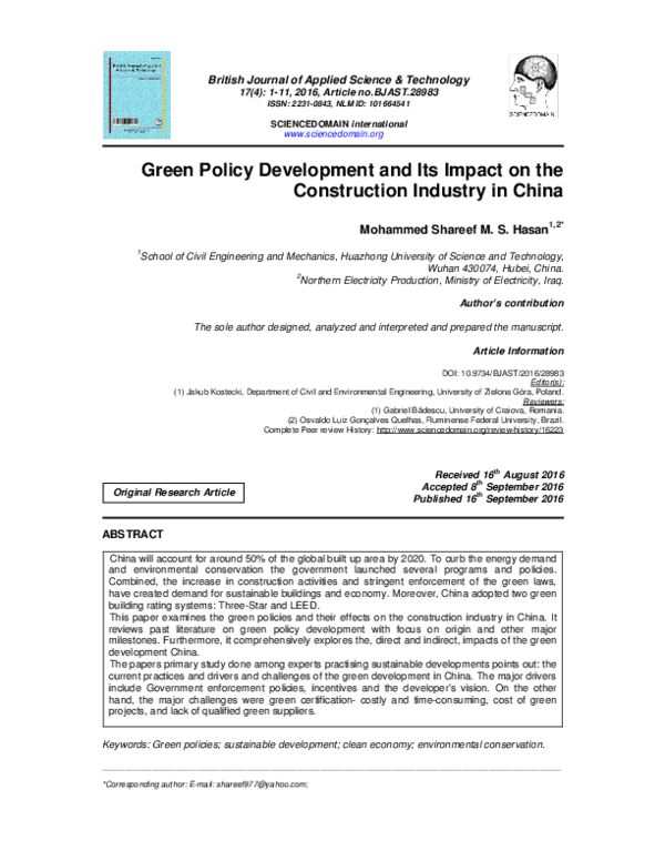 (PDF) Green Policy Development and Its Impact on the Construction ...